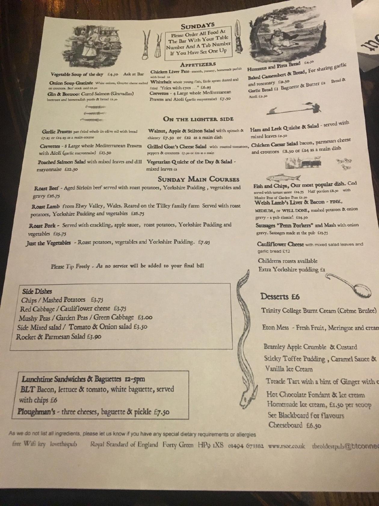 Menu at The Royal Standard of England pub & bar, Beaconsfield