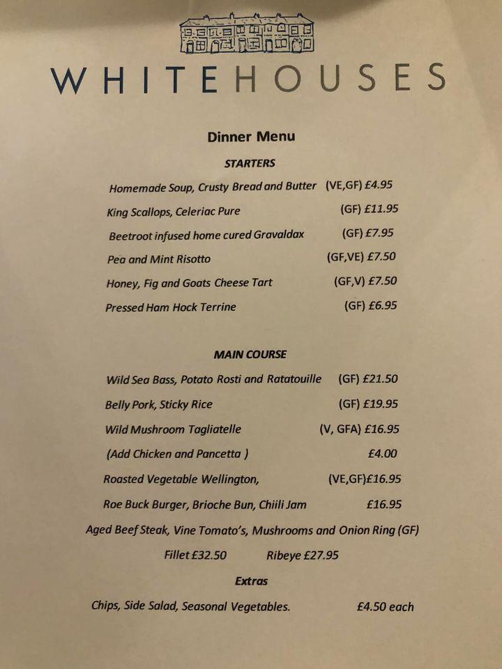 Menu at Whitehouses restaurant, Retford