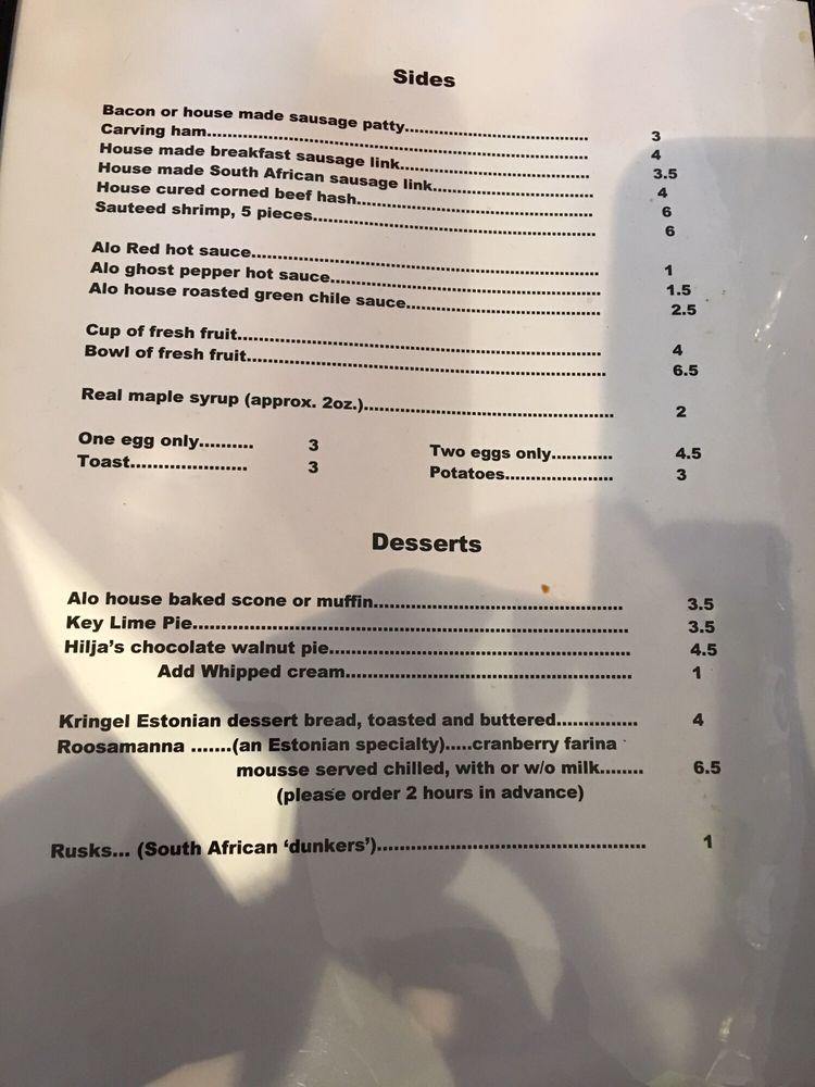 Menu at Alo Cafe, Scottsdale