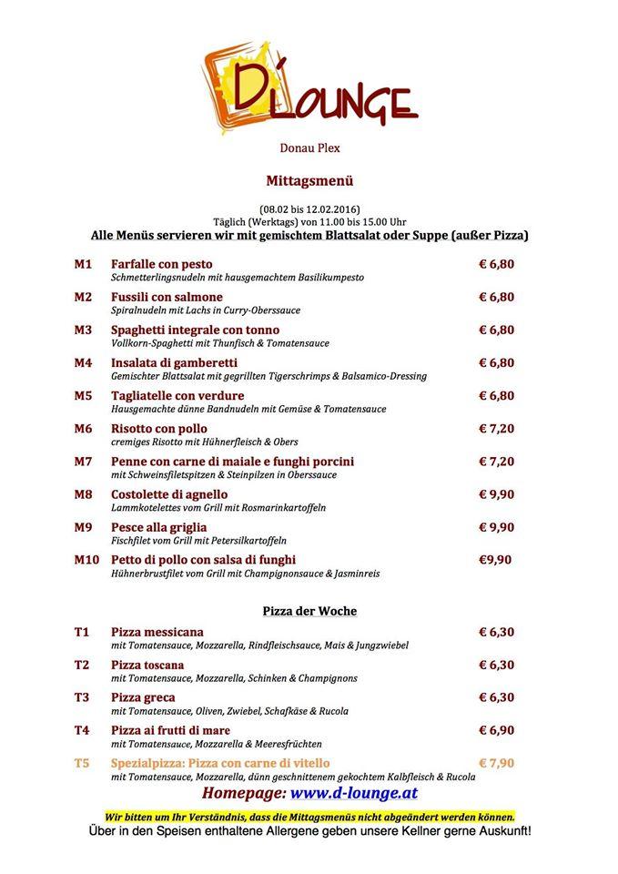 Menu at D-Lounge-Donauplex restaurant, Austria