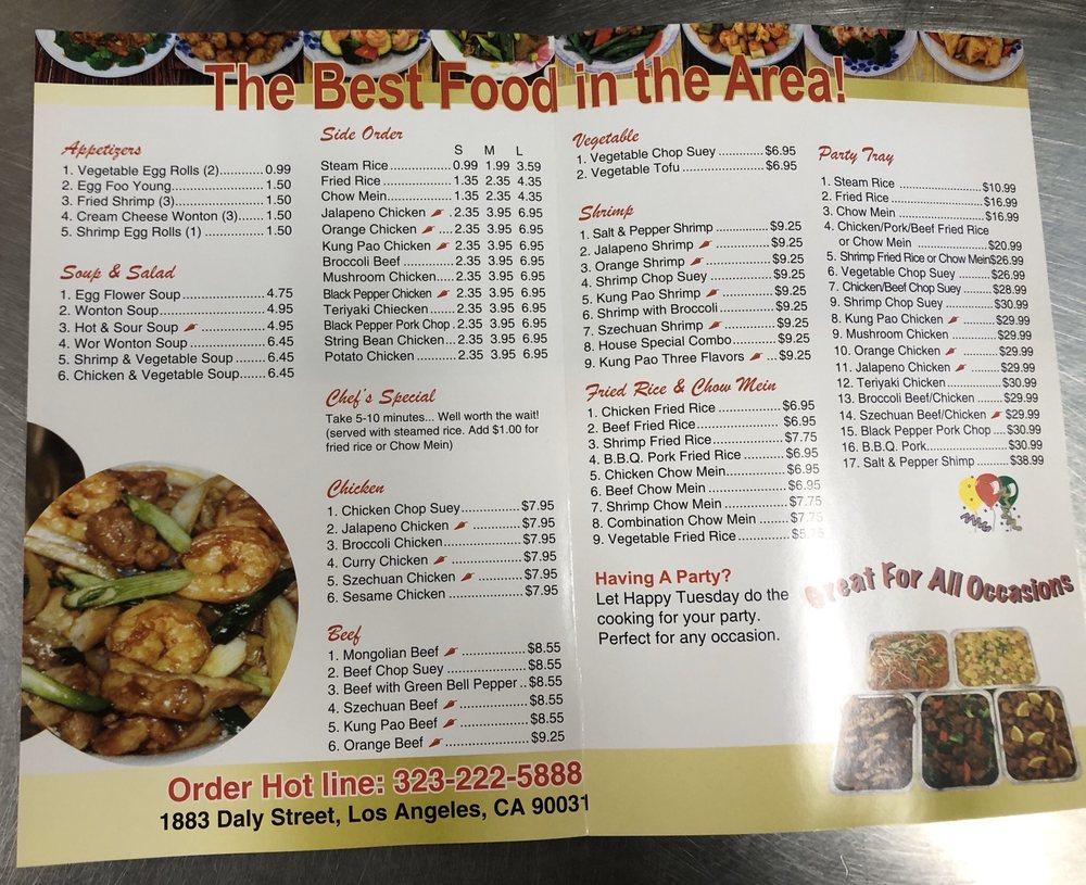 Menu at Happy Tuesday restaurant, Los Angeles
