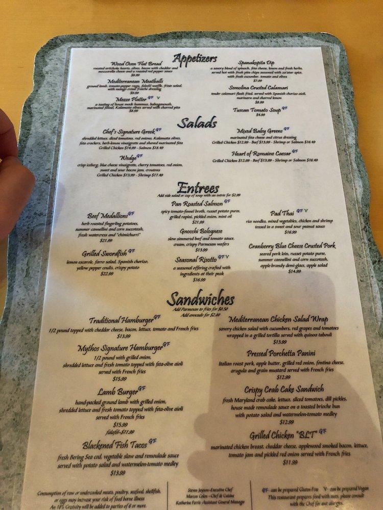 Menu at Mythos Restaurant, Orlando