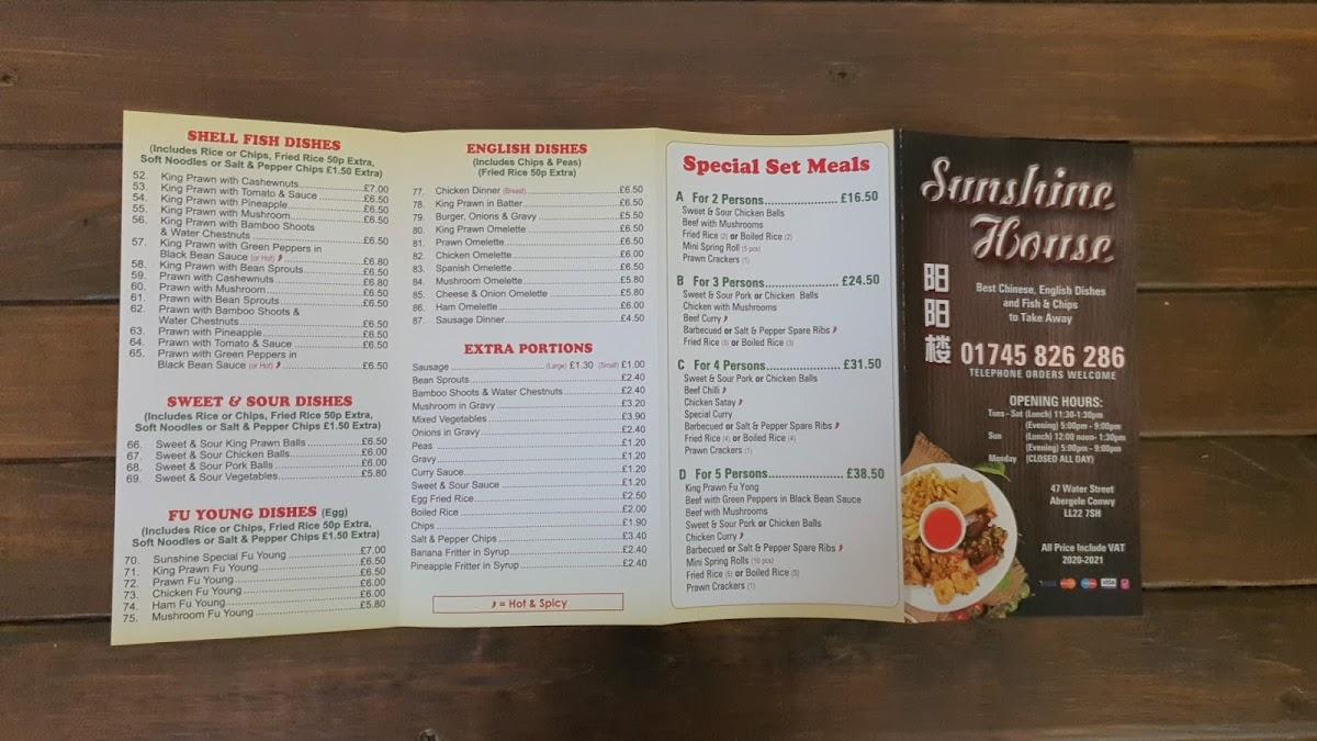 Menu at Sunshine House fast food, Abergele