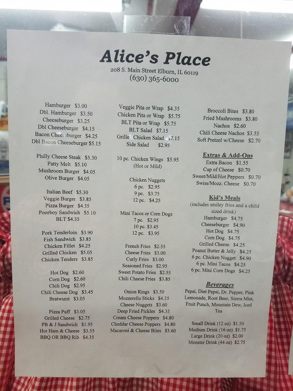 Menu at Alice's Place fast food, Elburn
