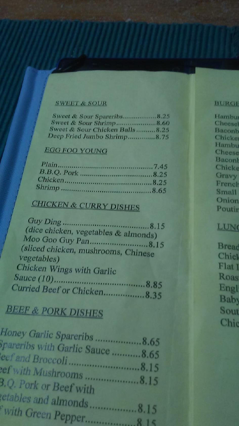 Menu at Beachburg Restaurant, Beachburg