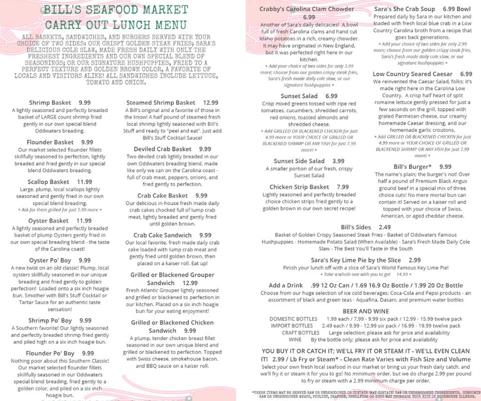 Menu at Bill's Seafood restaurant, Sunset Beach