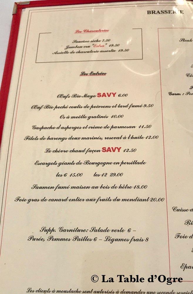 Menu at Chez Savy restaurant, Paris