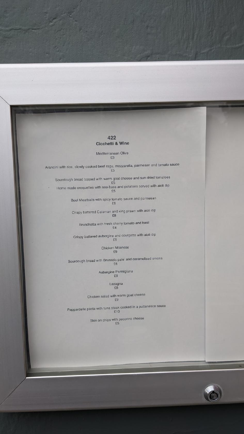Menu at Cicchetti & Wine restaurant, London