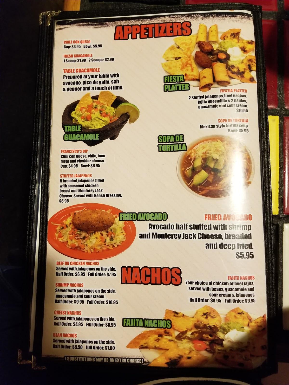 Menu at Francisco's restaurant, Henderson, 505 US-79