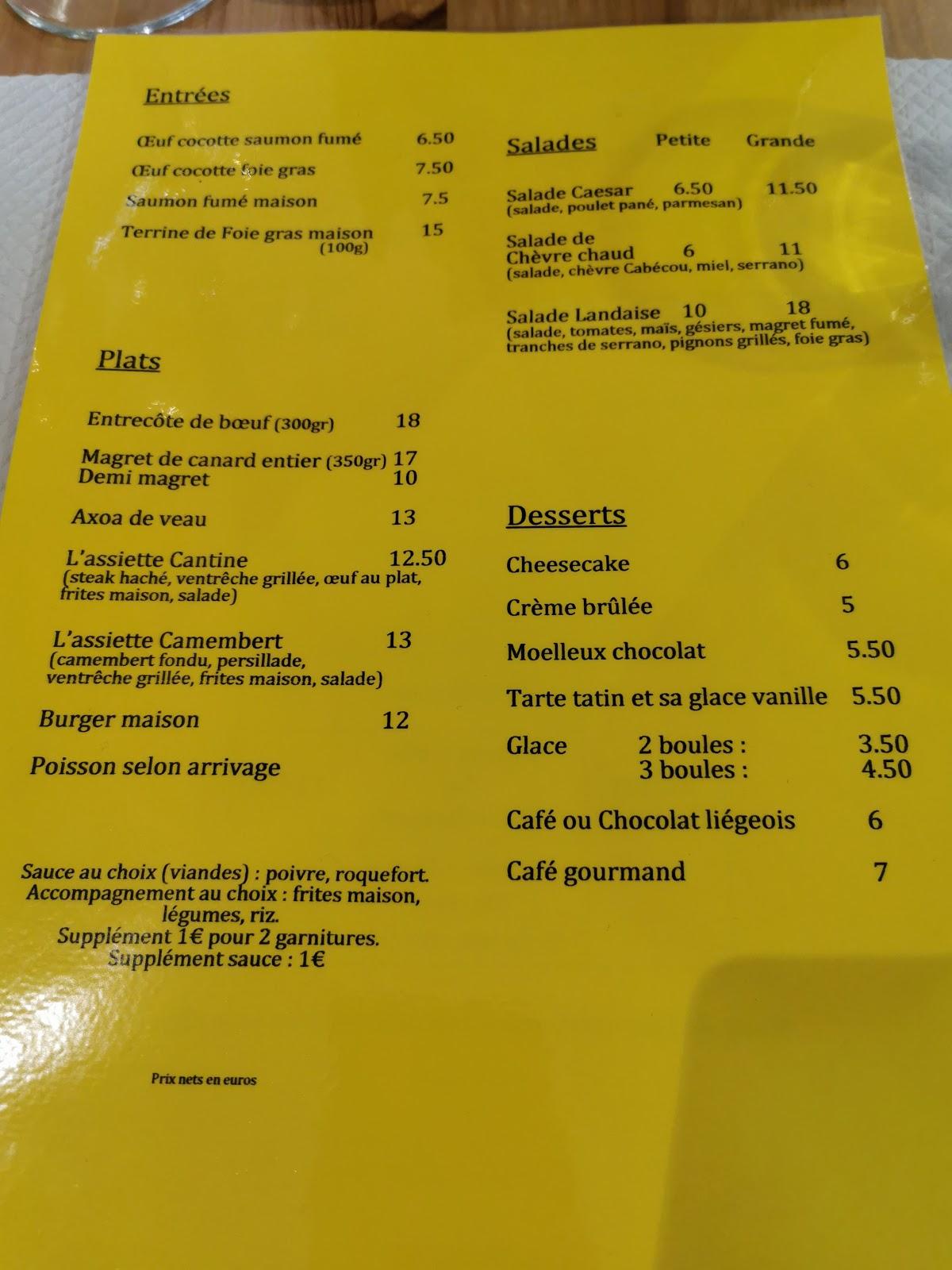 Menu au La Cantine de Juliette restaurant, Tartas