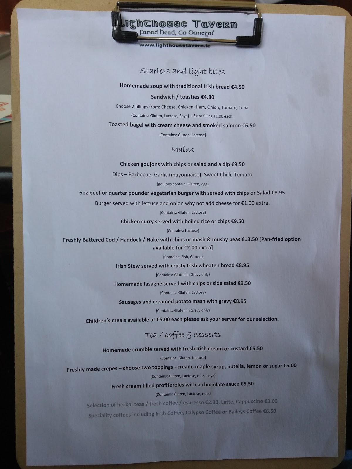 Menu at Lighthouse Tavern pub & bar, Ireland, Araheera Port Salon