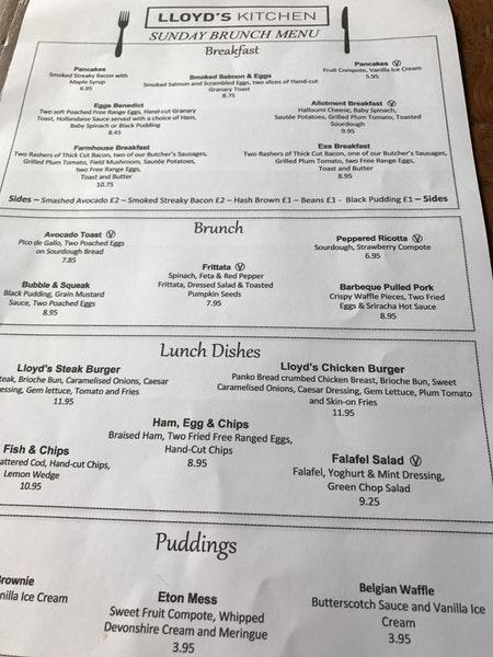 Menu at Lloyd’s Lounge cafe, Exeter