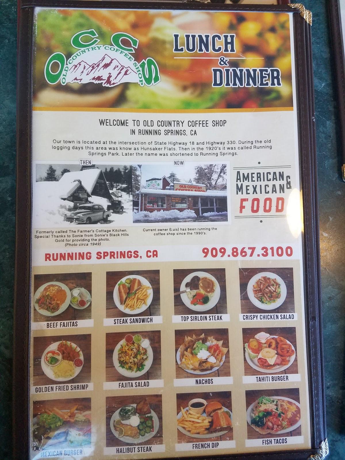 Menu at Old Country Coffee Shop restaurant, Running Springs