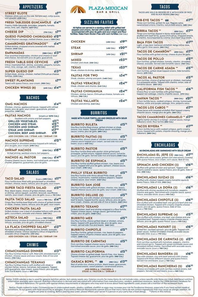 Menu at Plaza Mexican Bar & Grill, State College
