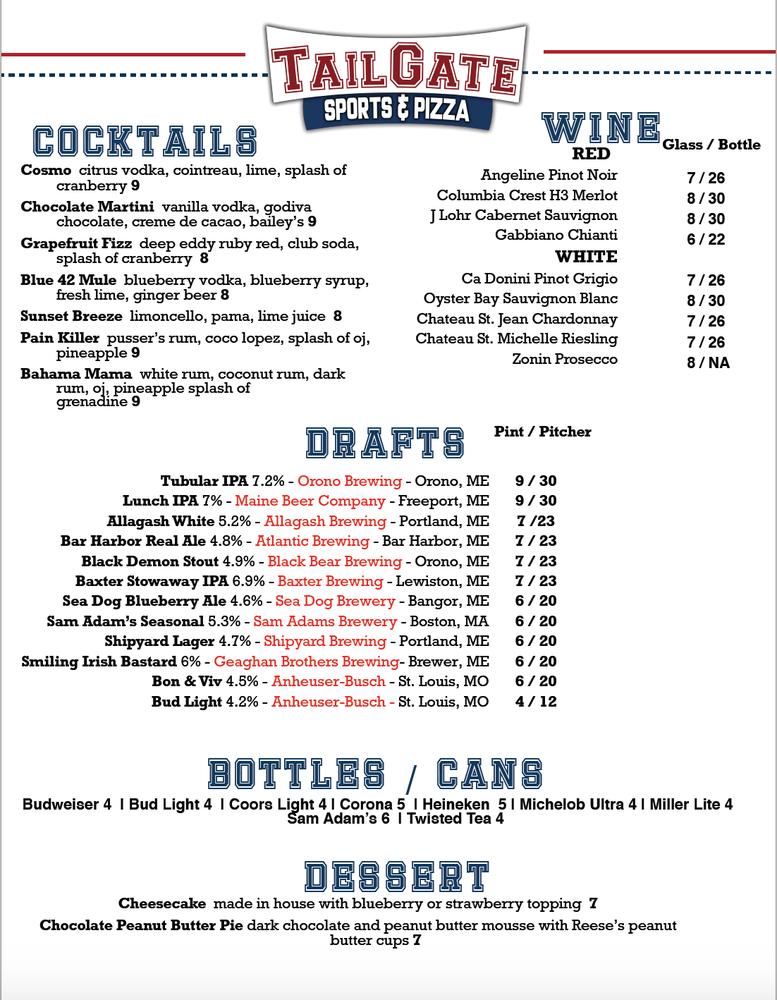 Menu at Tailgate Kitchen & Bar, Bar Harbor