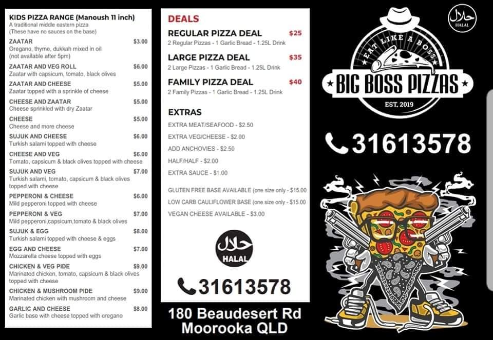 Menu at Big Boss Pizzas Moorooka restaurant, Moorooka