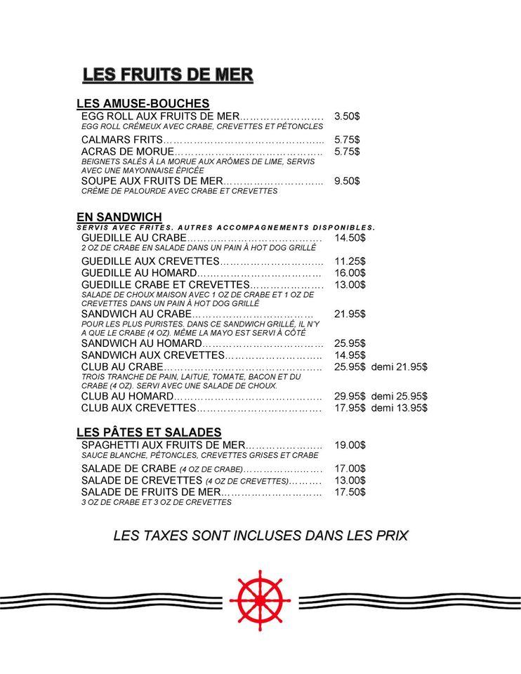 Menu au Casse-Croûte du Pêcheur restaurant, Sept-Iles