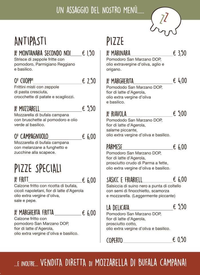 Menu at Pizza e Mozzarella restaurant, Milan