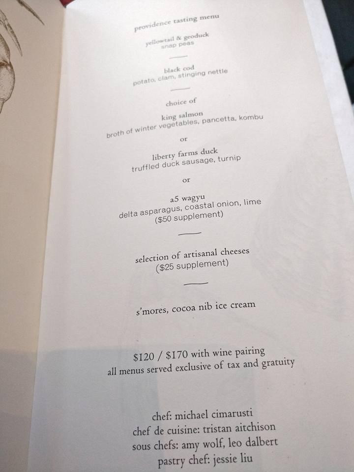 Menu at Providence restaurant, Los Angeles