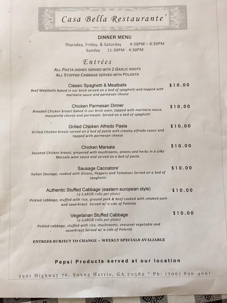 Menu at Casa Bella Restaurante, Young Harris