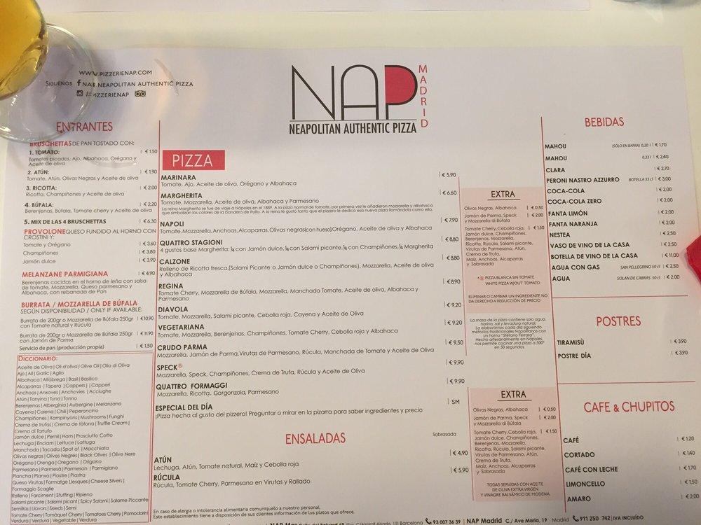 Menu at NAP Authentic Pizza pizzeria, Madrid