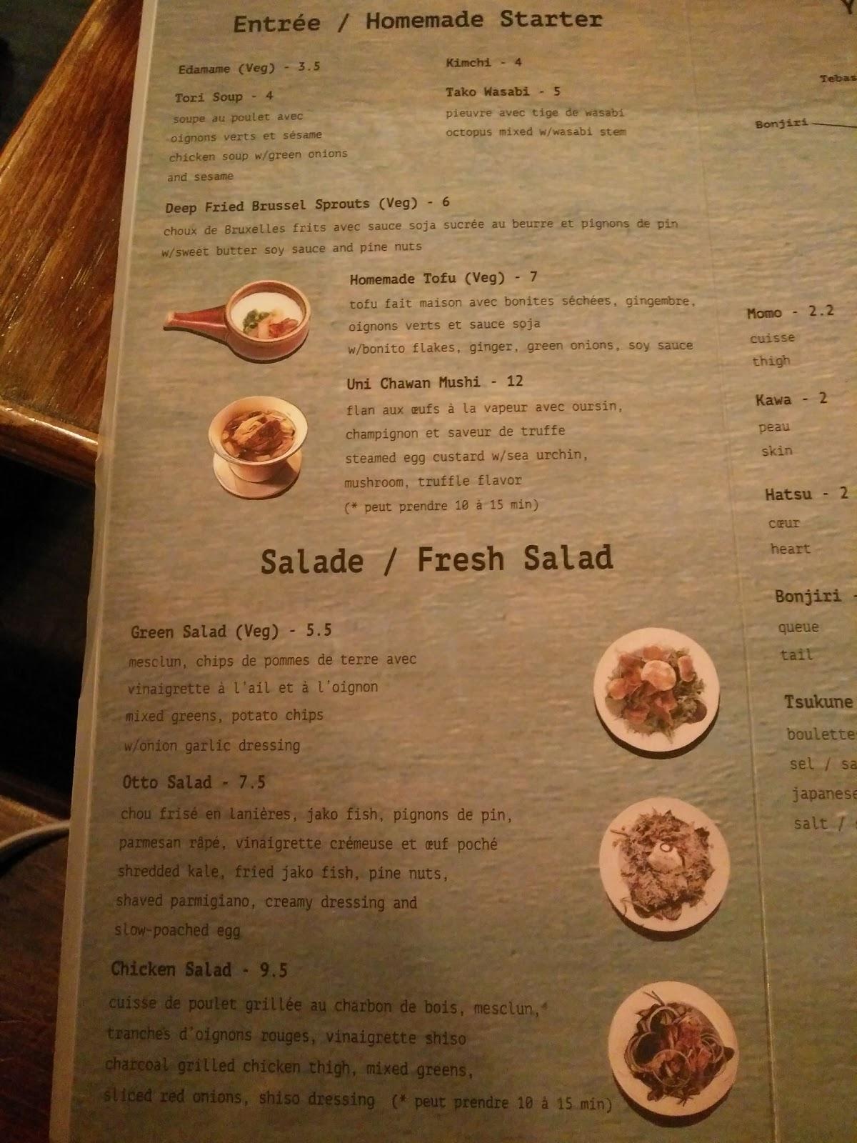 Menu at Otto Yakitori Izakaya restaurant, Montréal