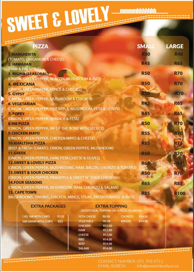 Menu at Sweet&Lovely Pizza restaurant, Cape Town