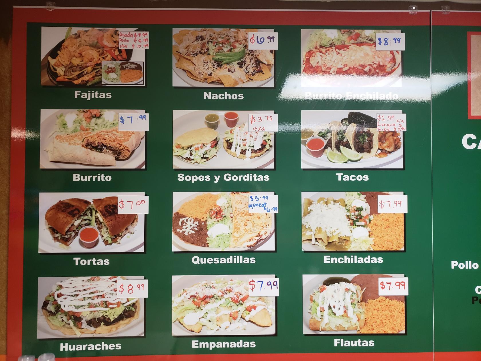 Menu at Taqueria Los Guaches restaurant, Carthage