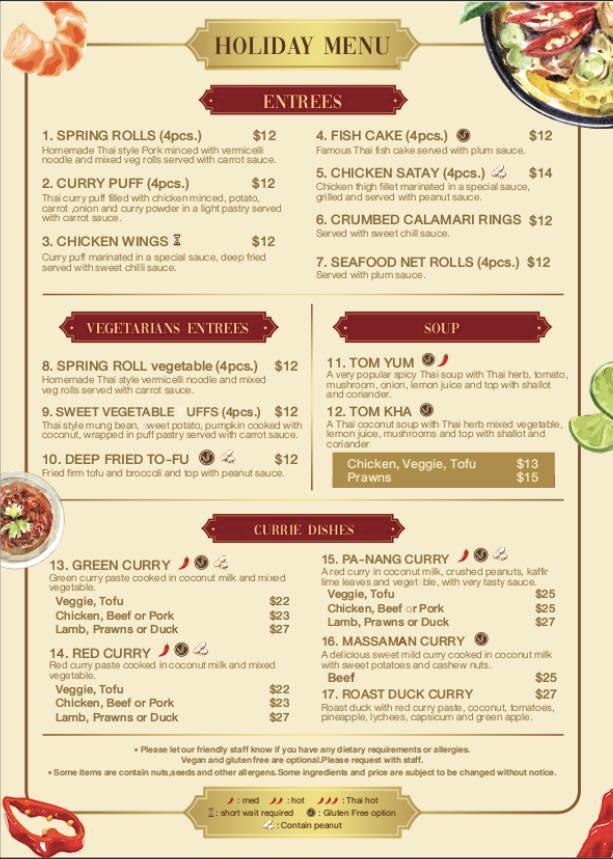 Menu at Thai Payu Restaurant, Yamba