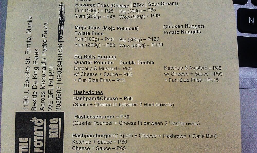 Menu at The Potato King, Manila