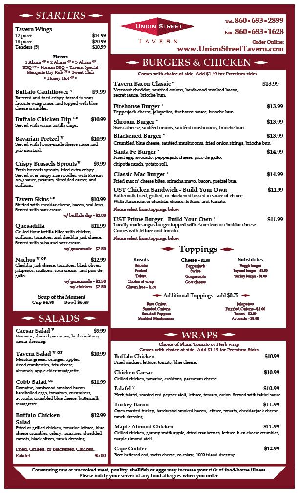 Menu at Union Street Tavern pub & bar, Windsor
