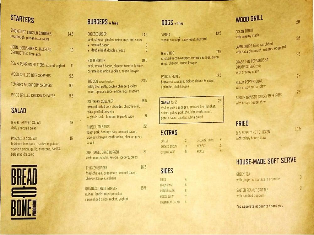 Menu at Bread & Bone restaurant, Adelaide