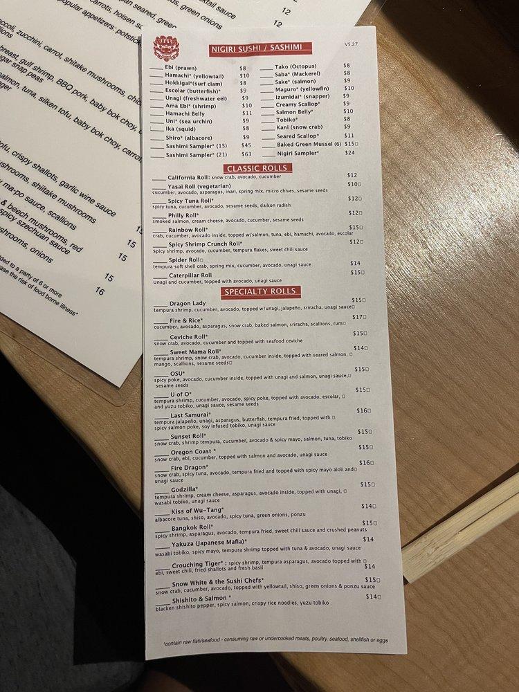 Menu at CHI Chinese and Sushi Bar, Bend