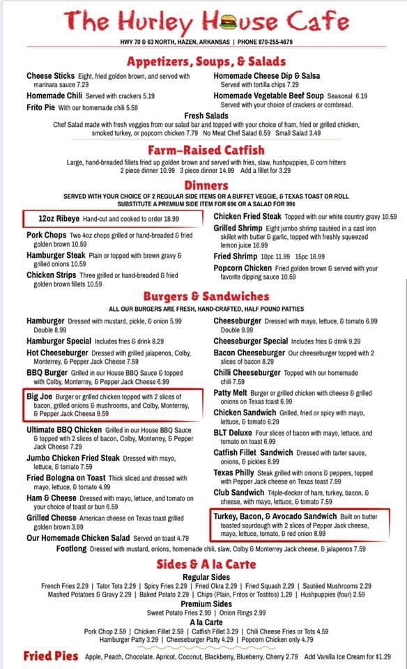 Menu at Hurley House Cafe, Hazen