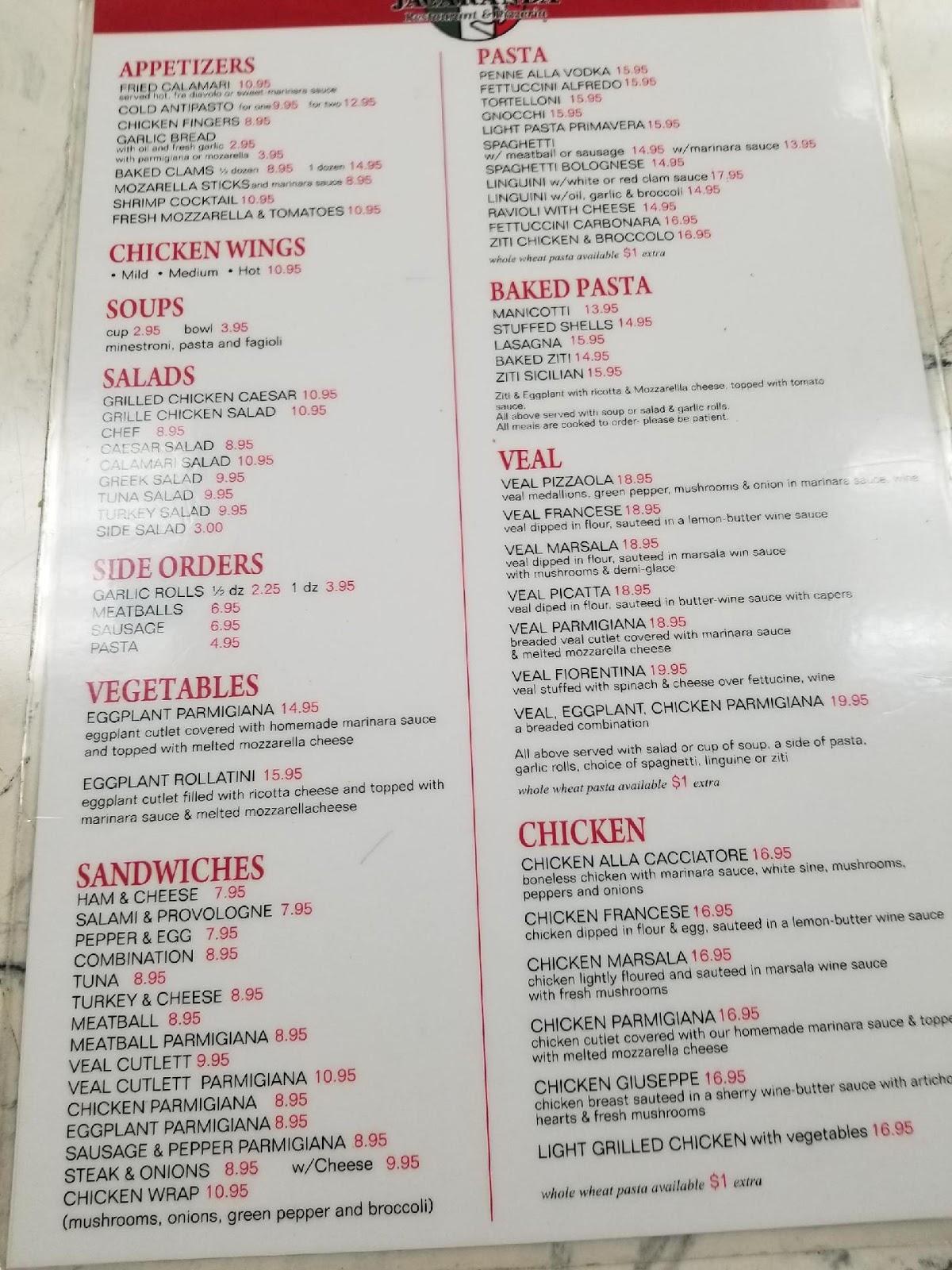 Carta de Jacaranda Restaurant & Pizzeria, Plantation