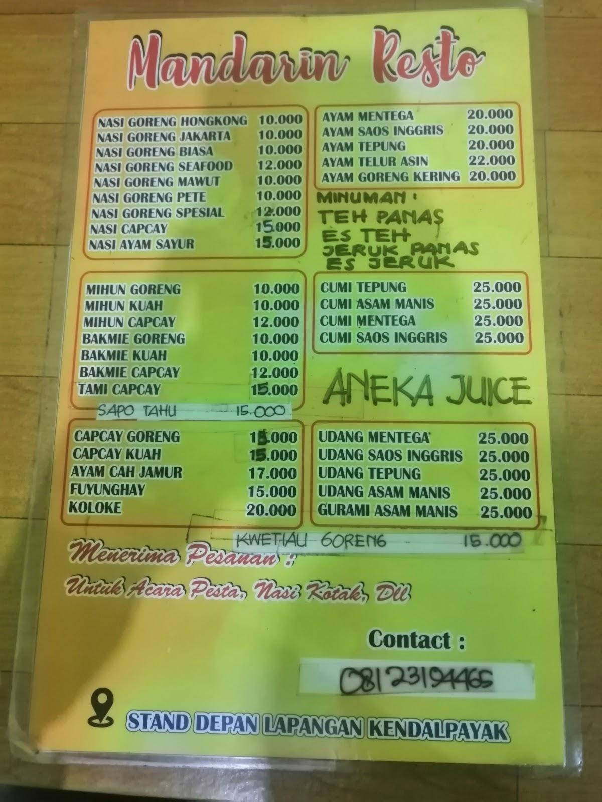 Menu at Mandarin Resto restaurant, Malang
