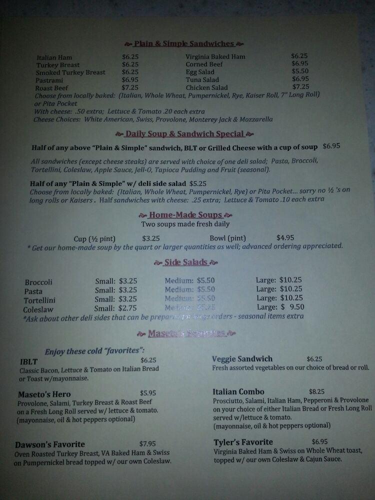 Menu at Maseto's restaurant, Williamsport, Kenwood Ave