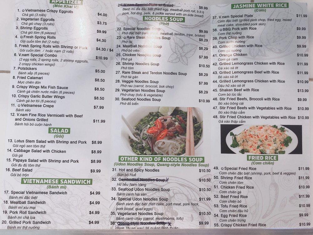Menu at V.Nam Pho restaurant, Surprise