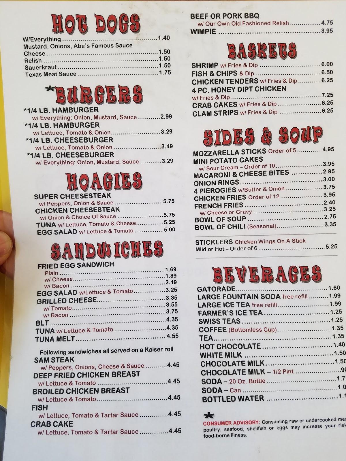 Menu at Abe's Hot Dogs fast food, Mountain Top