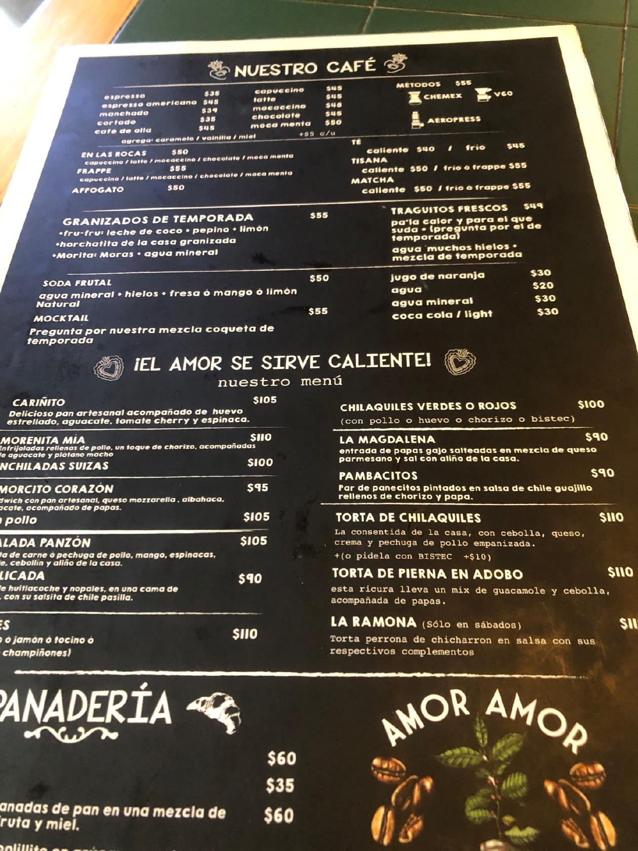 Menu at Amor Amor Café, Monterrey