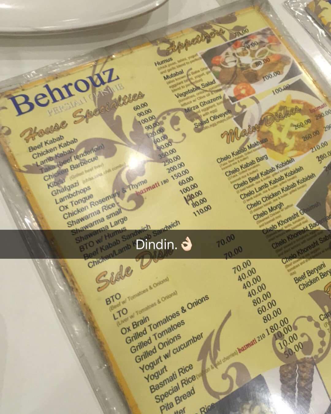 Menu at Behrouz Persian Cuisine restaurant, Quezon City, 50 Sct. Tobias St