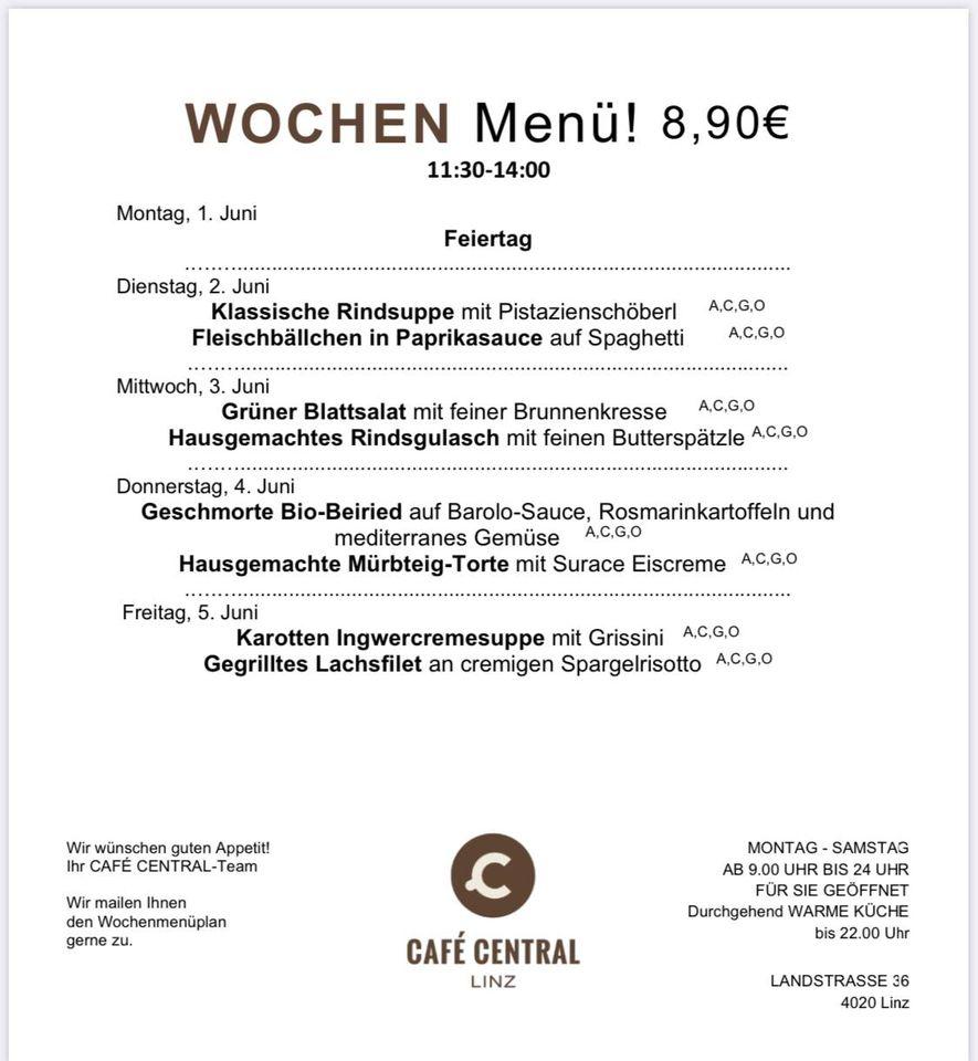 Menu at Café Central cafe, Linz