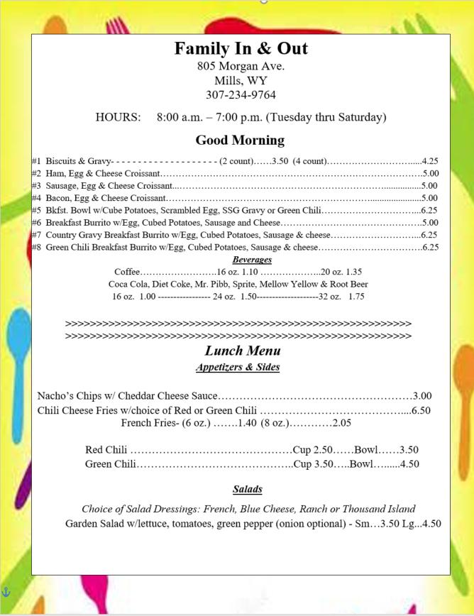 Menu at Family In and Out restaurant, Mills