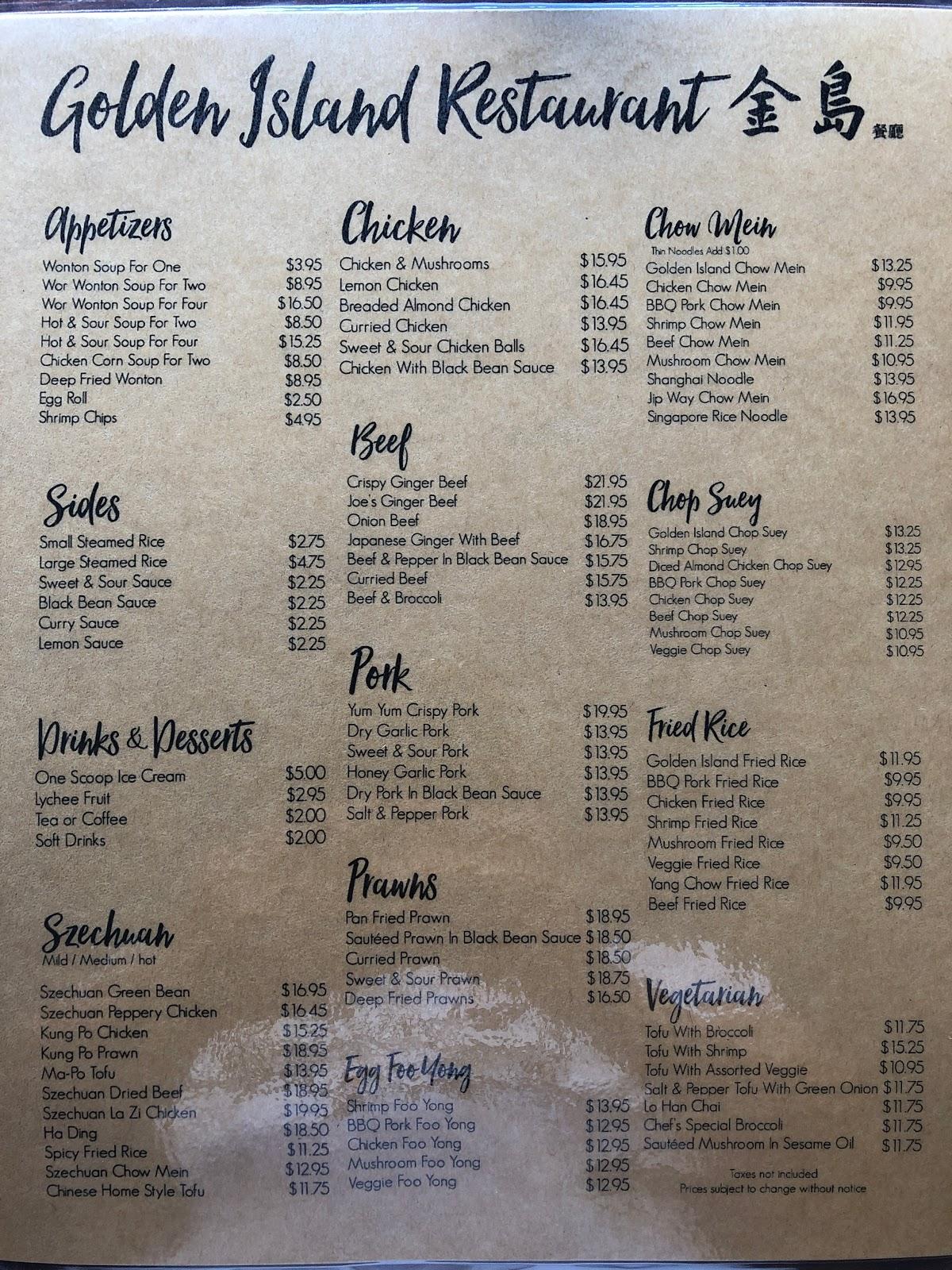 Menu at Golden Island Restaurant, Canada