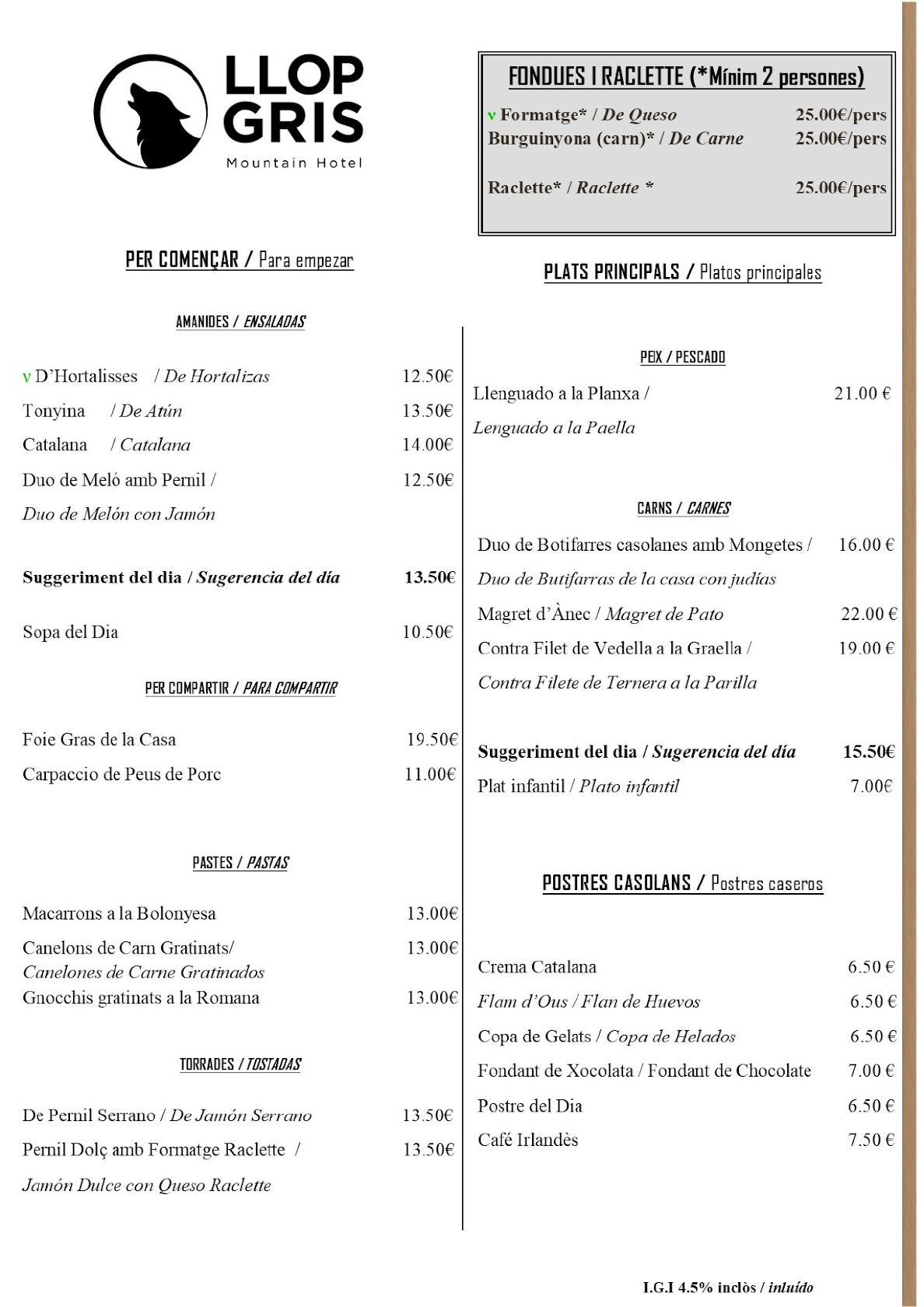 Menu at HOTEL LLOP GRIS restaurant, El Tarter