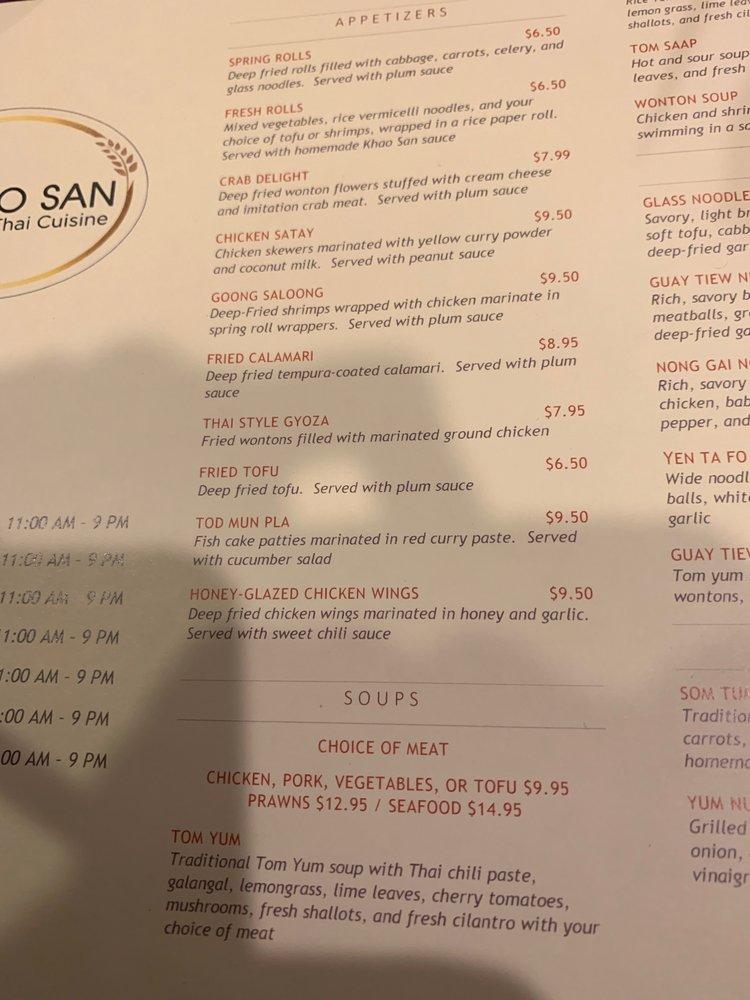 Menu at Khao San Thai Cuisine restaurant, Issaquah