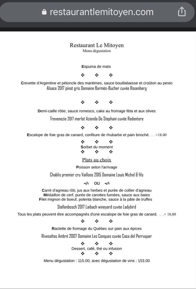 Menu au Restaurant Le Mitoyen, Laval