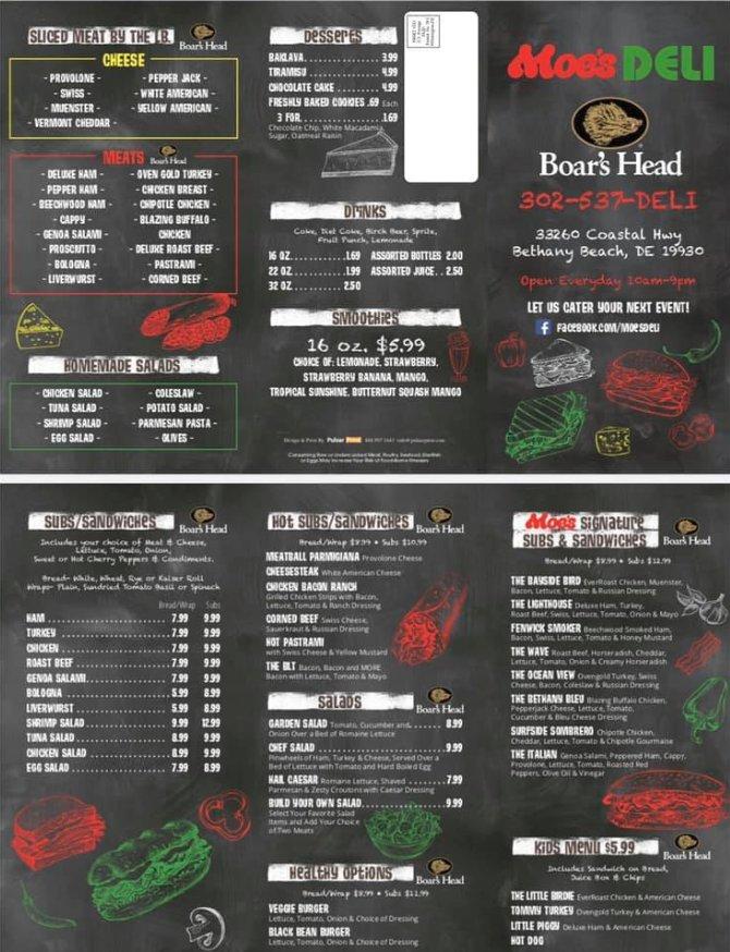Menu at MOES DELI pub & bar, Bethany Beach