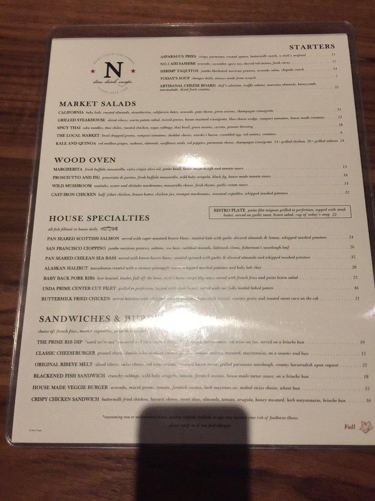 Menu at Nick's Pasadena pub & bar, Pasadena