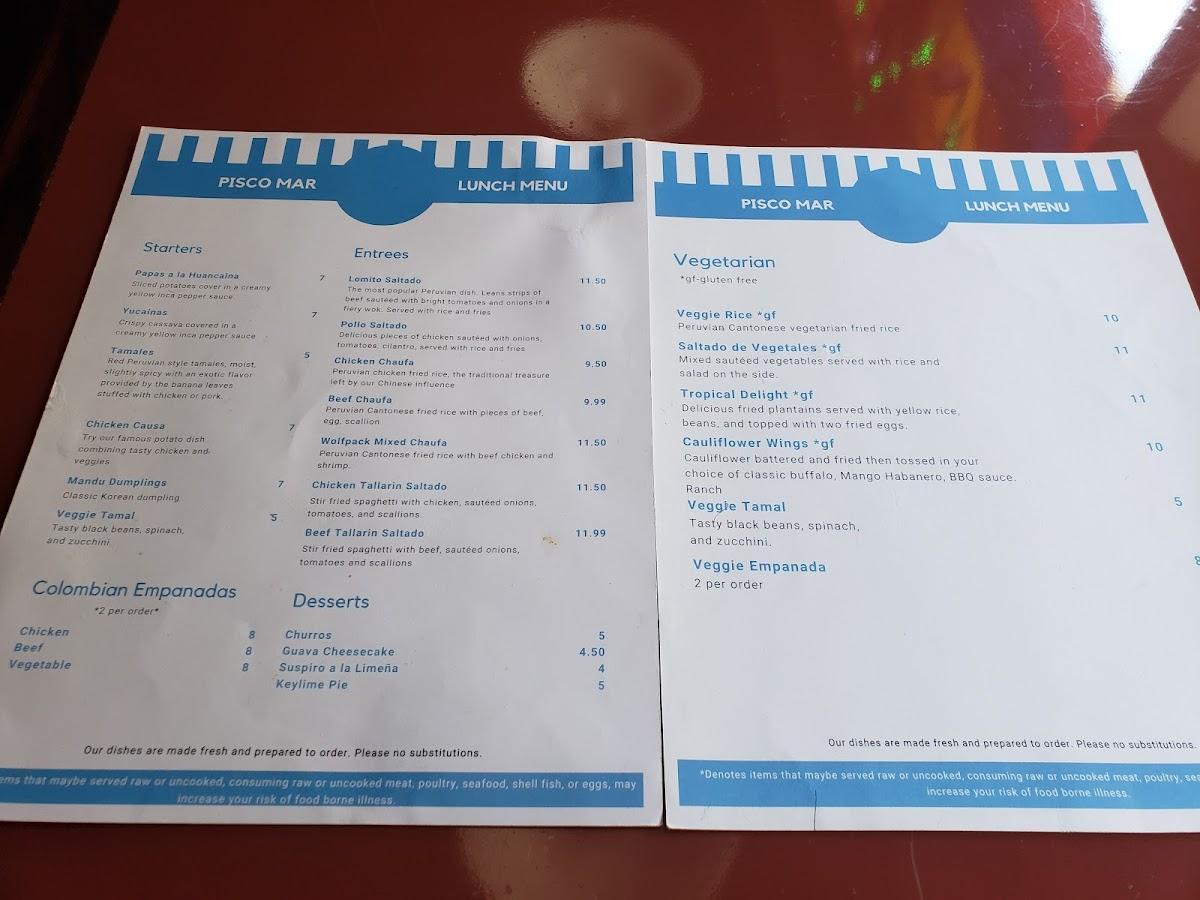 Menu at Pisco Mar restaurant, Raleigh